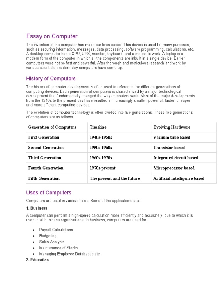 Essay On Computer: History of Computers | PDF | Computing | Central ...