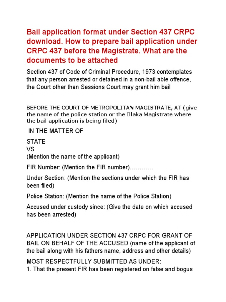 Bail Application Format Under Section 437 CRPC | PDF | Bail | Arrest