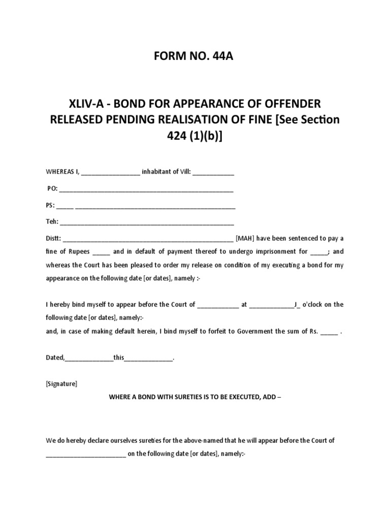 FORM NO. 44A | PDF | Bail | Surety