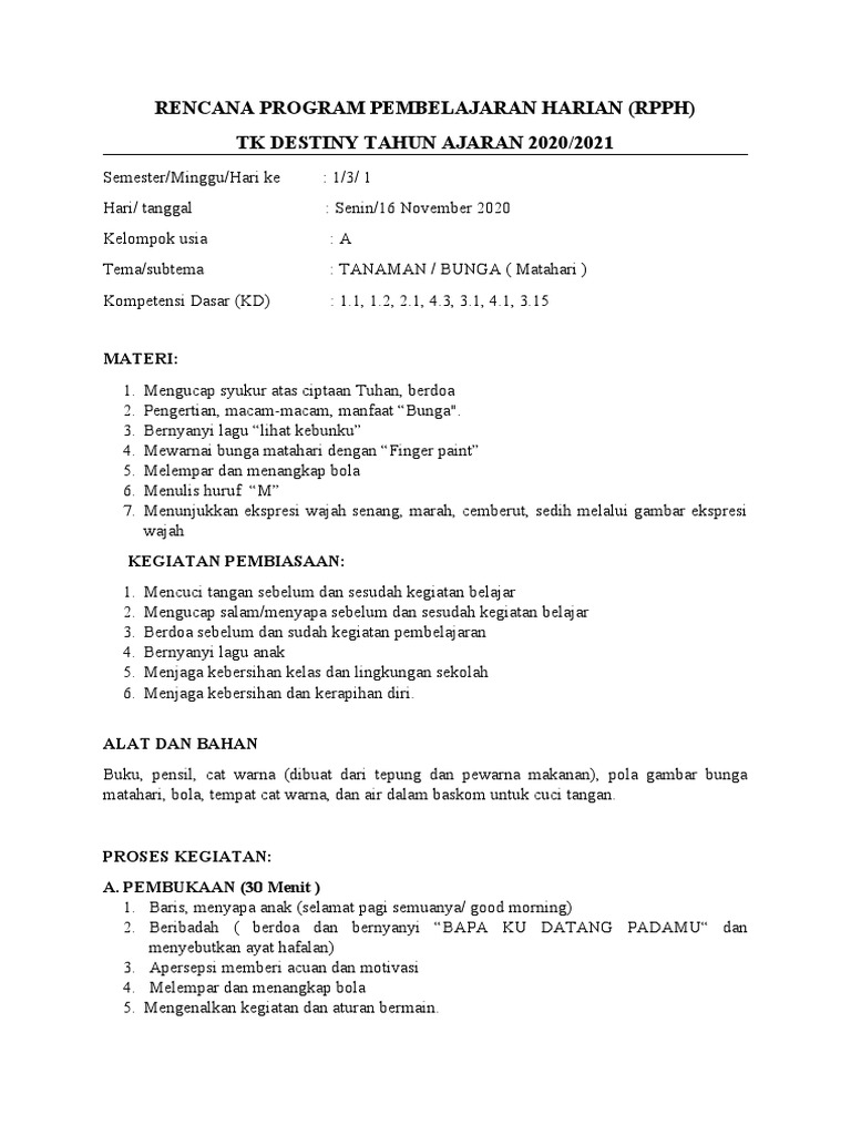 RPPH Tema Tanaman Bunga Matahari TK | PDF