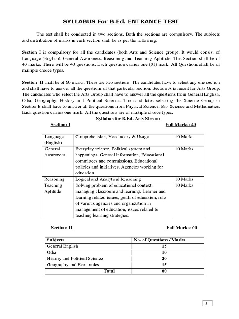 Syllabus For B.Ed. Entrance Test | PDF | English Language | Science