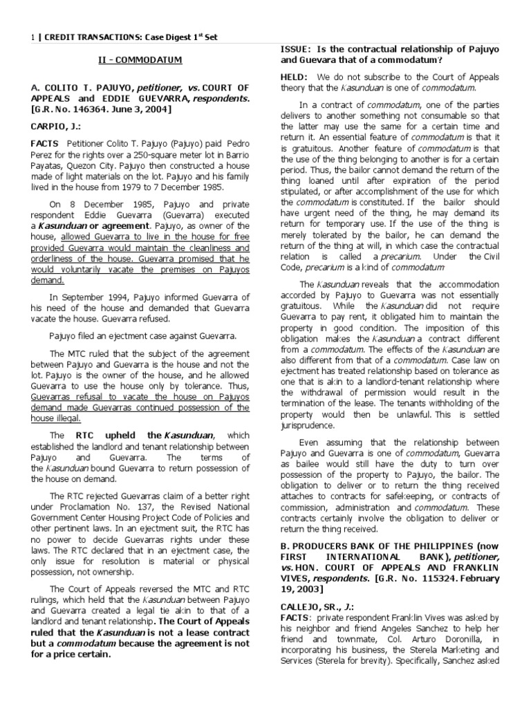 Commodatum vs. Mutuum in Ejectment Cases | PDF | Lawsuit | Private Law