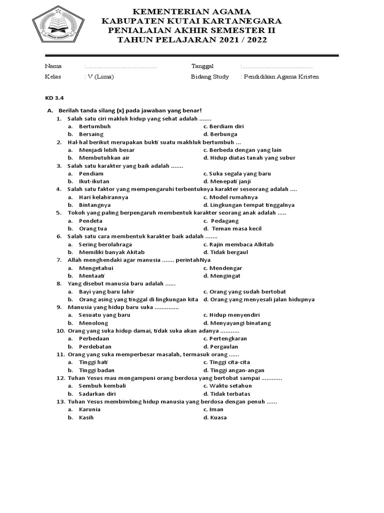 Kelas 5 SOAL PAS PAK KKG | PDF