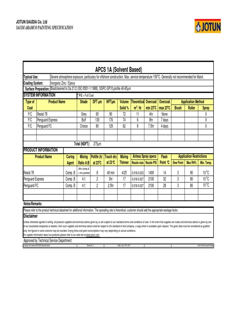 JOTUN SAUDIA Co. Ltd SAUDI ARAMCO PAINTING SPECIFICATION APCS 1A, 1B, 1D | PDF | Paint | Epoxy
