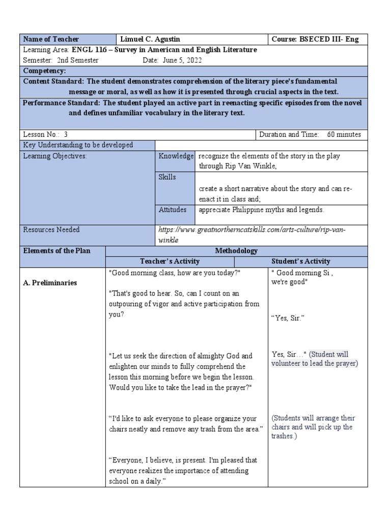 Rip Van Winkle Lesson Plan | PDF