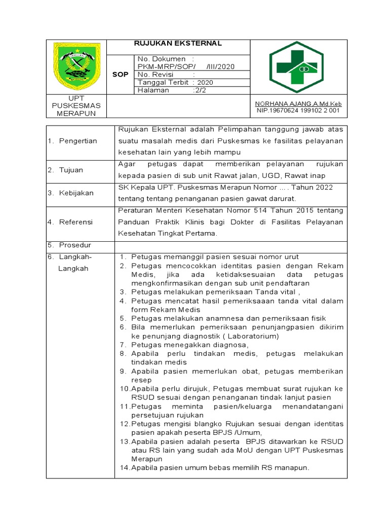 3312 SOP Rujukan Eksternal Puskesmas Merapun | PDF