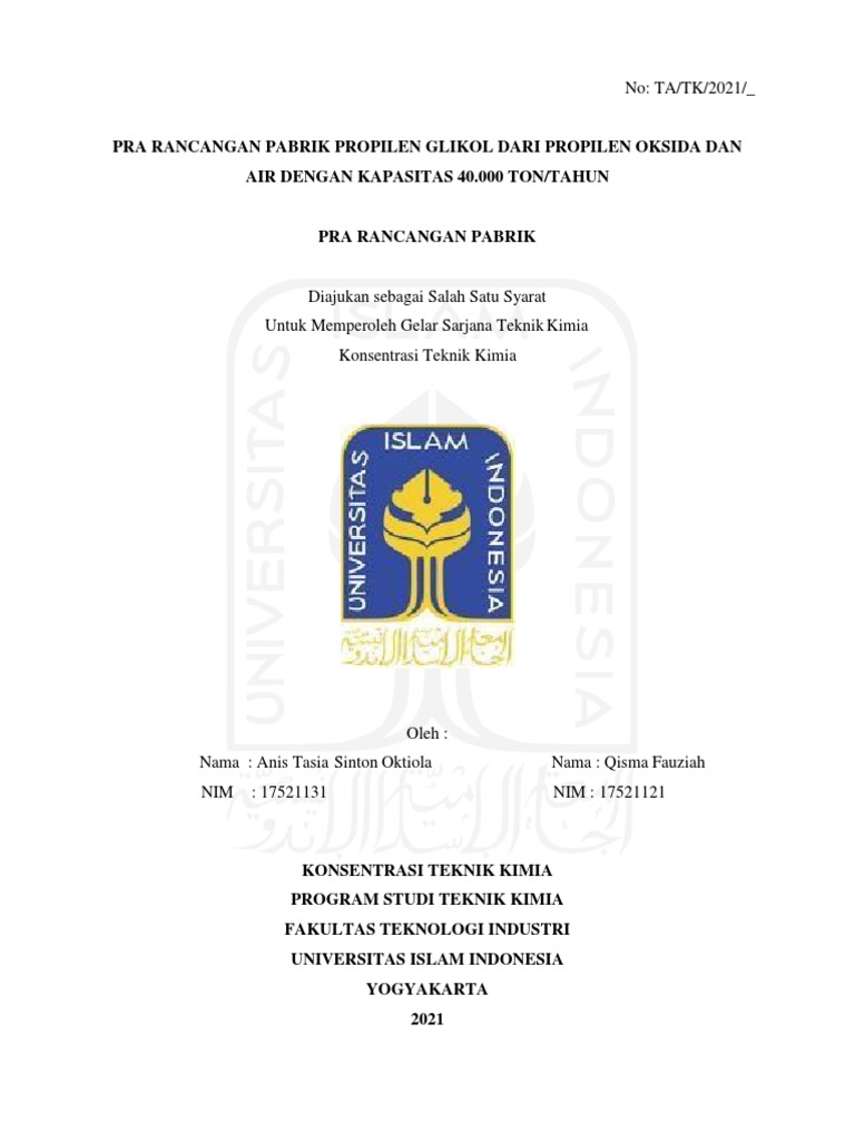 Pra Rancangan Pabrik Propilen Glikol Dari Propilen Oksida Dan Air ...
