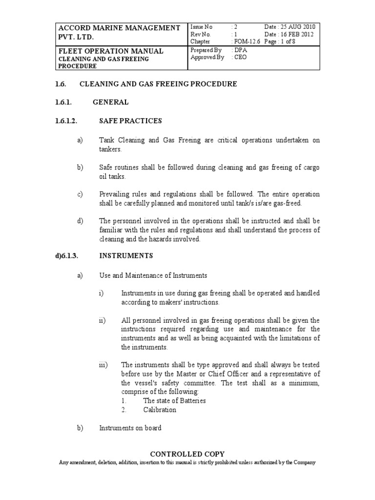 Accord Marine Management Pvt. Ltd. Fleet Operation Manual: Cleaning and ...