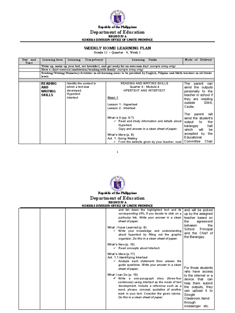 Department of Education: Weekly Home Learning Plan | PDF | Teachers | Intertextuality