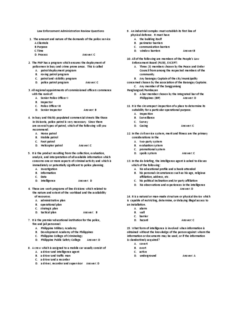 Law Enforcement Administration Quiz | PDF | Police | Inspector