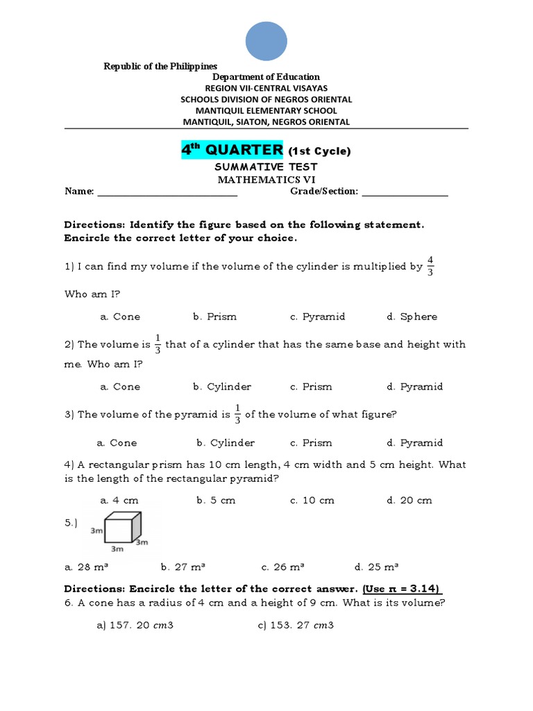 4th QUARTER MATH SUMMATIVE 1st Cycle | PDF | Volume | Geometry
