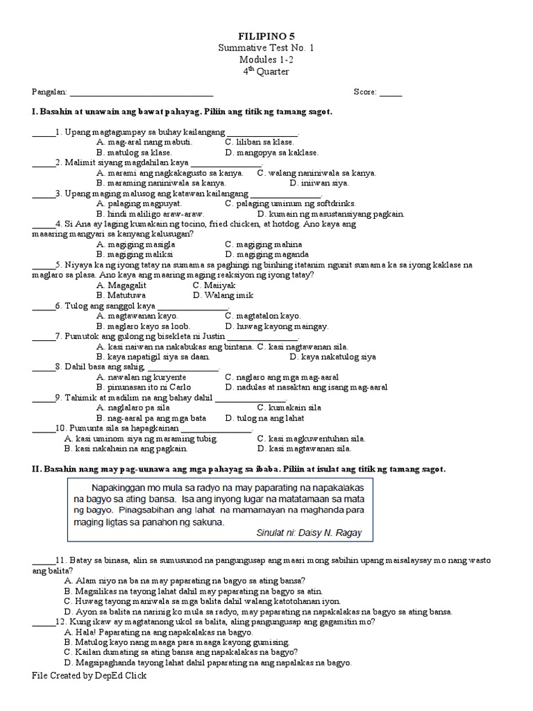 Filipino ST1 Q4 | PDF