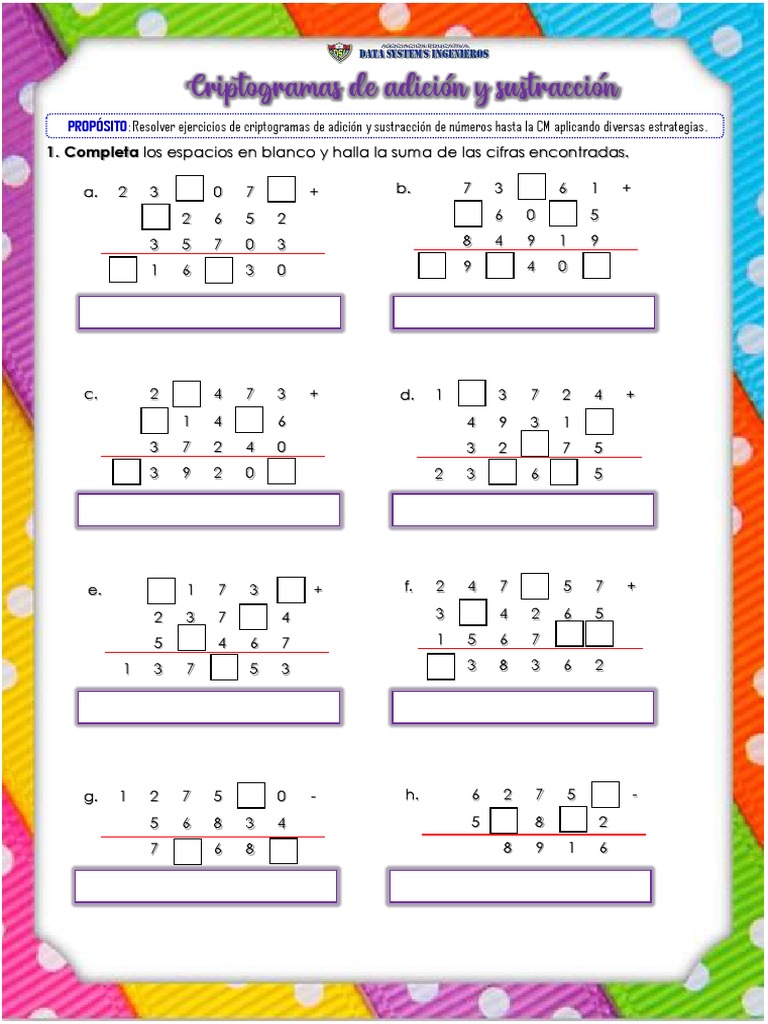 Ficha de Aplicación - Criptogramas de Adición y Sustracción | PDF | Matemáticas | Aritmética