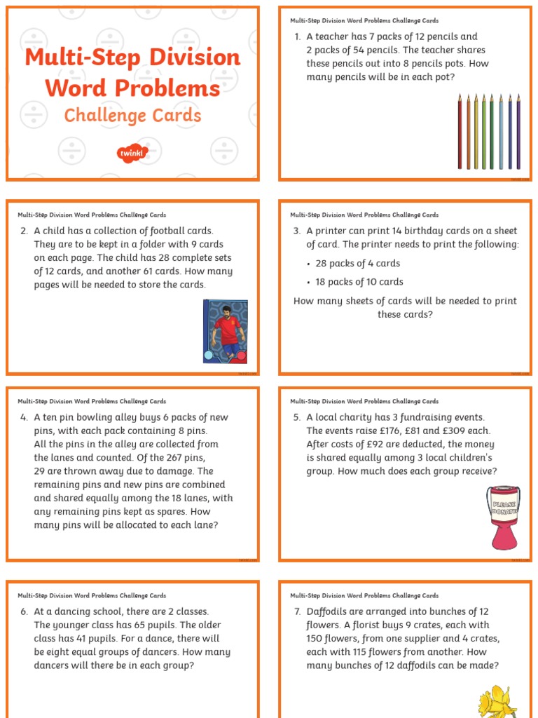 Multi-Step Division Word Problems: Challenge Cards | PDF