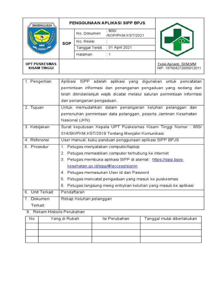 Sop Aplikasi Sipp Bpjs | PDF