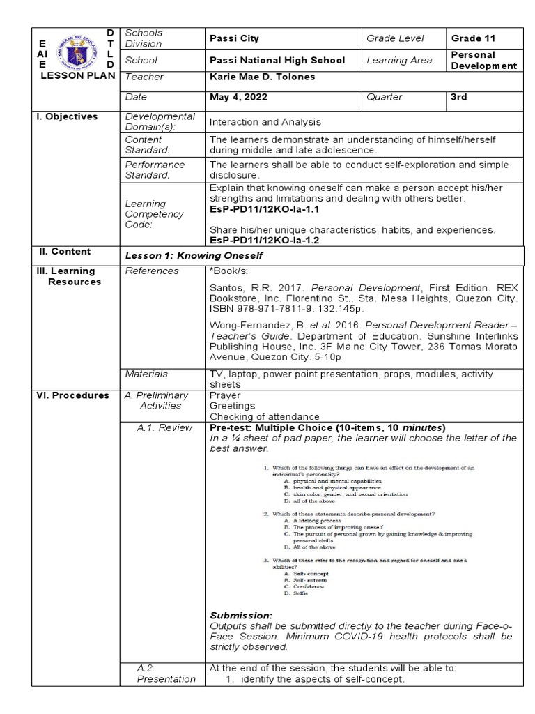 PerDev Q3 W1 Detailed Lesson Plan | PDF | Self | Learning