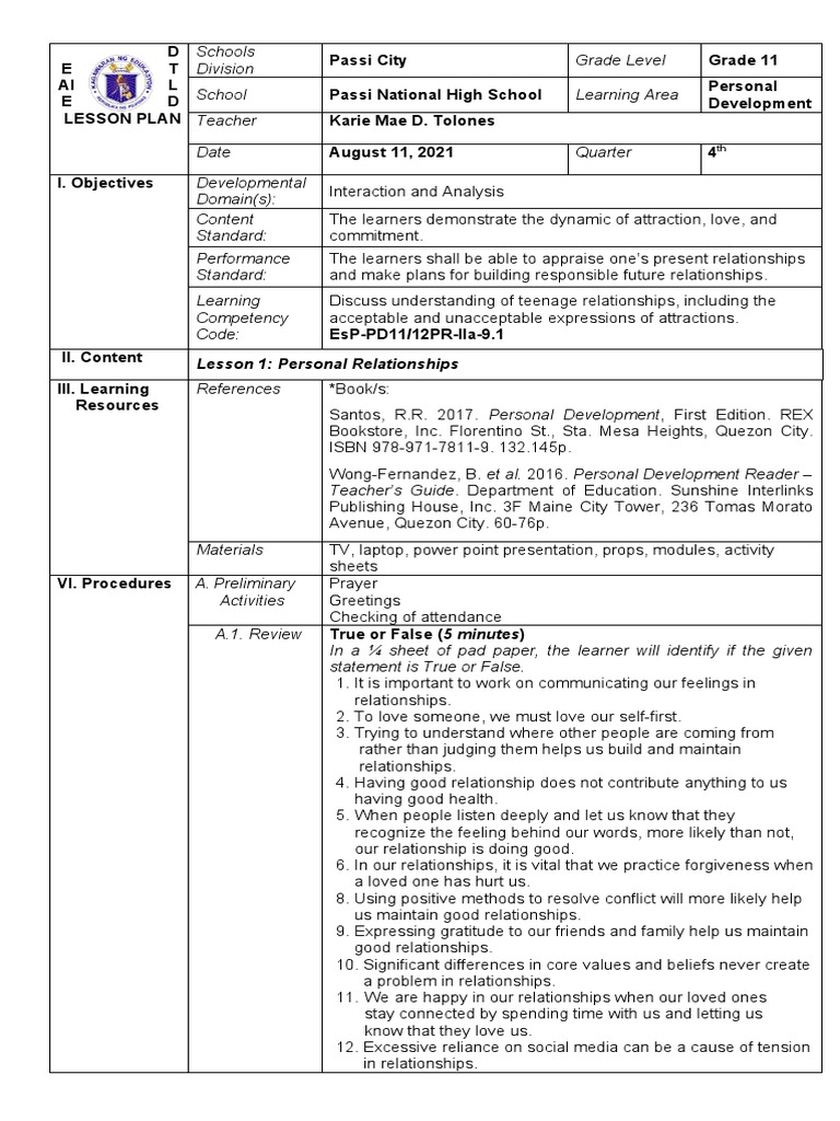 PerDev Q3 W7-8 Detailed Lesson Plan | PDF | Learning | Teachers