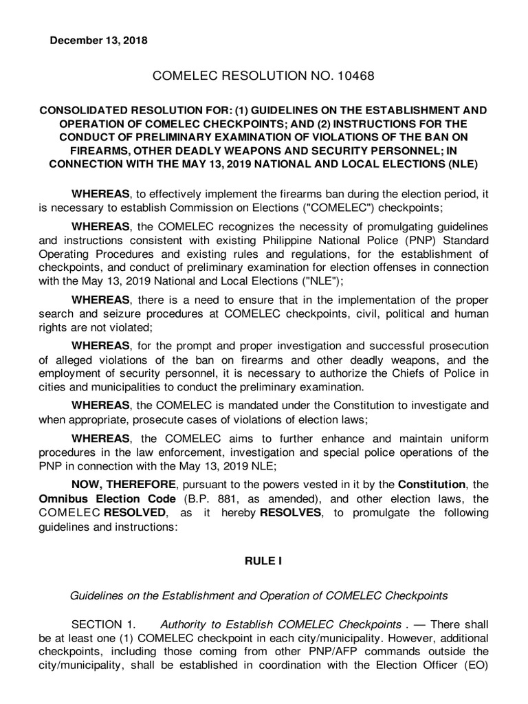 COMELEC Checkpoint Guidelines 2019 | PDF | Finance & Money Management ...