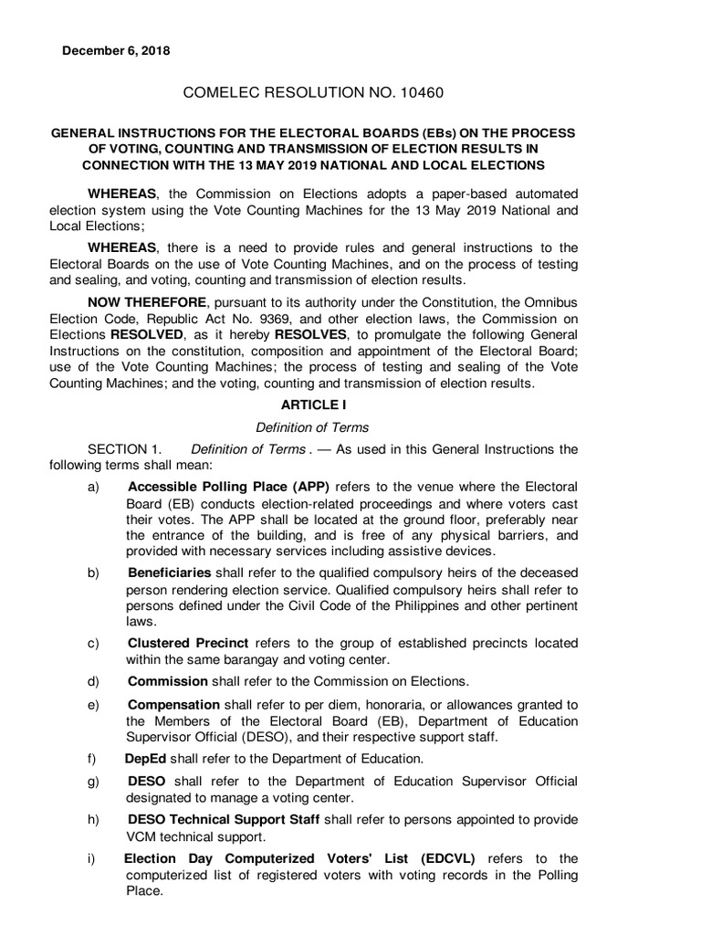 Comelec Resolution No. 10460: December 6, 2018 | PDF