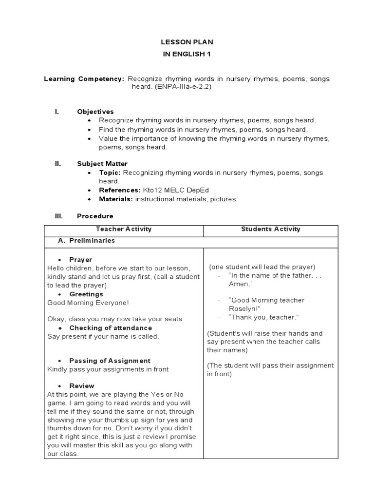 Lesson Plan in English 1: Teacher Activity Students Activity A ...