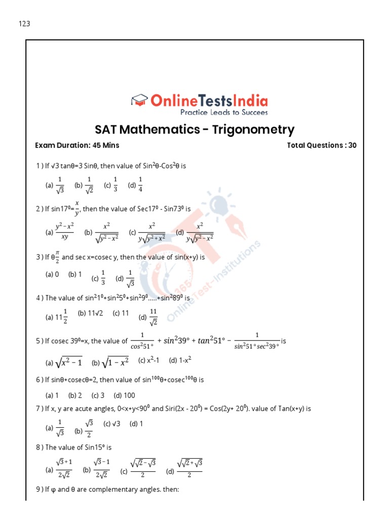 NTSE SAT Mathematics - Trigonometry Important Questions - Scholarship ...