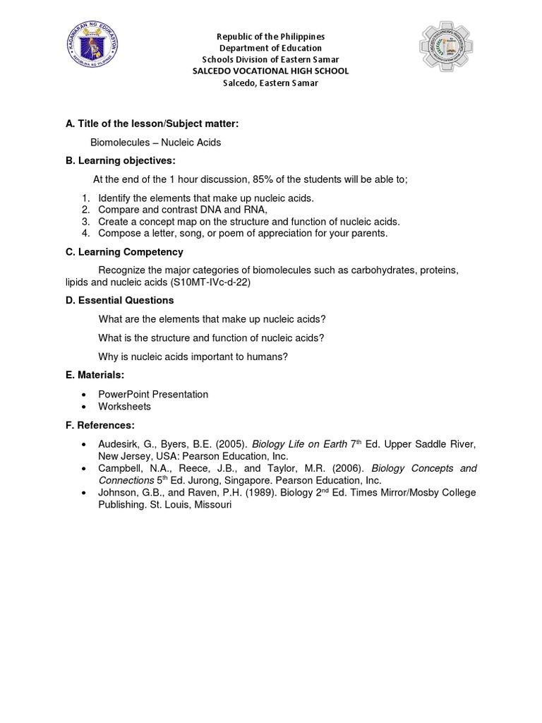 Lesson Plan Biomolecules-Nucleic Acids | PDF | Nucleic Acids | Nucleotides