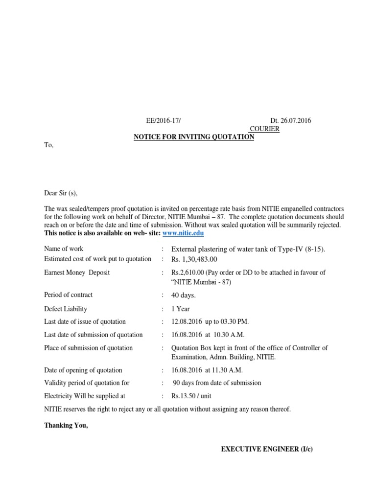 Notice For Inviting Quotation: External Plastering of Water Tank of ...