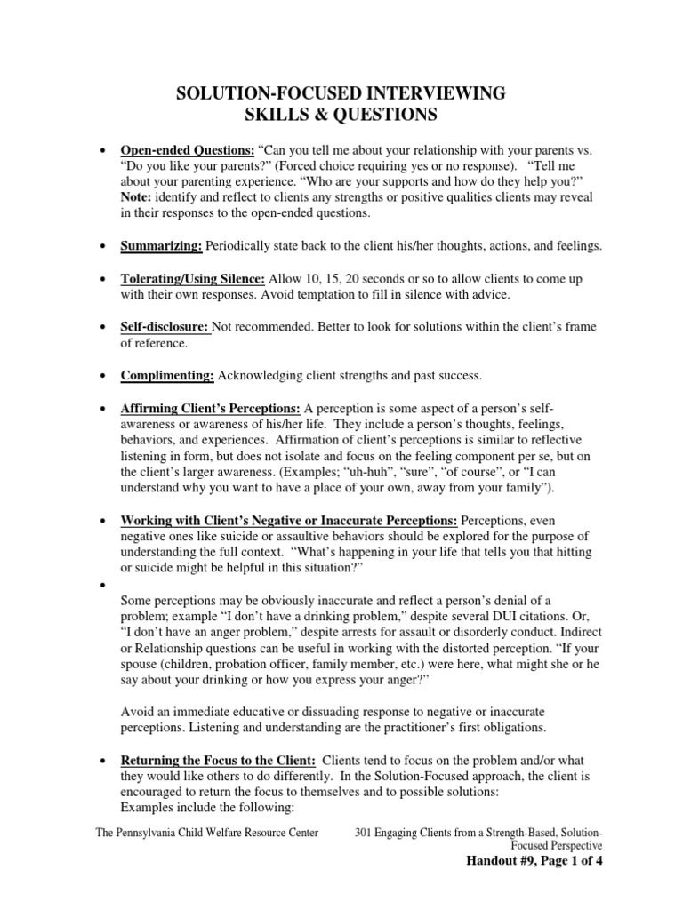 Solution-Focused Interviewing Skills & Questions | PDF | Thought | Psychology
