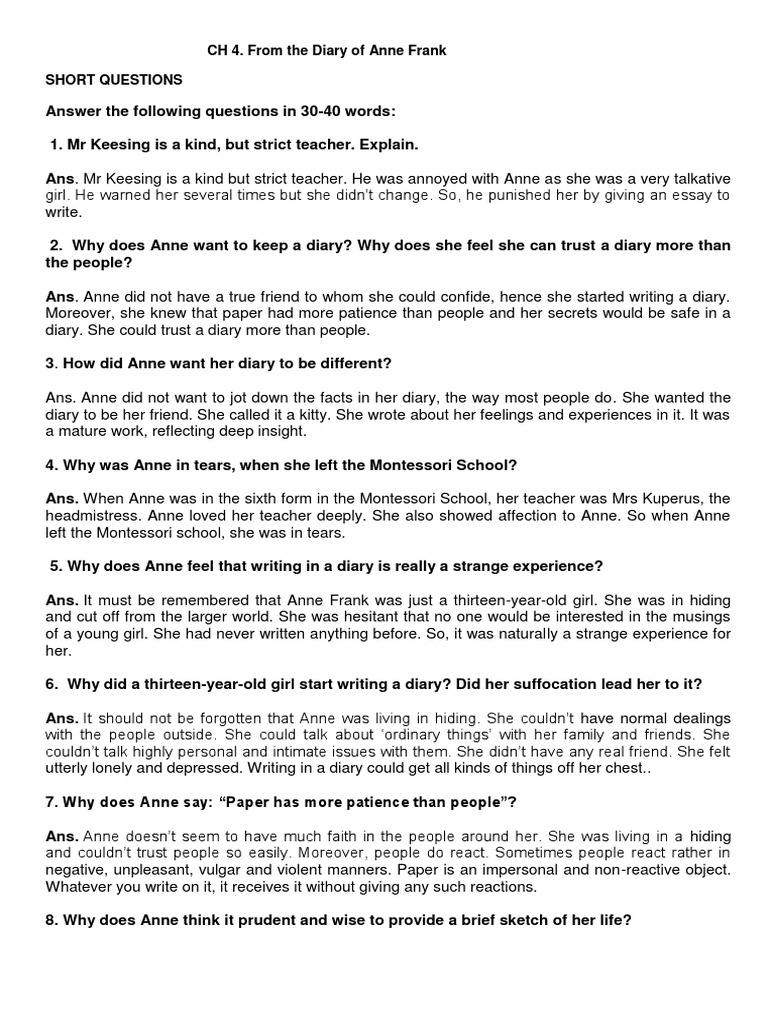 CH 4. From The Diary of Anne Frank Short Questions | PDF | Anne Frank ...