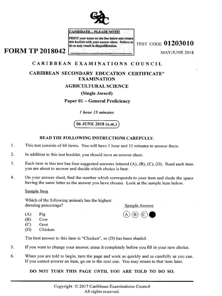 CSEC Agri Science P1 June 2018-1 | PDF