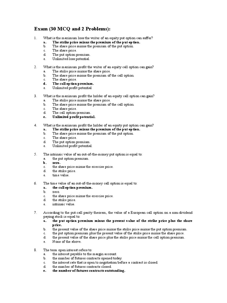 Exam (30 MCQ and 2 Problems) | PDF | Option (Finance) | Put Option