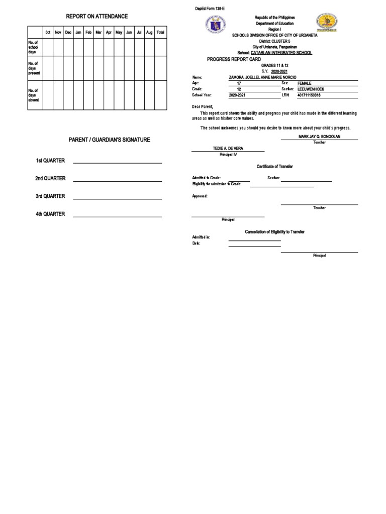 DepEd Form 138-E Report | PDF
