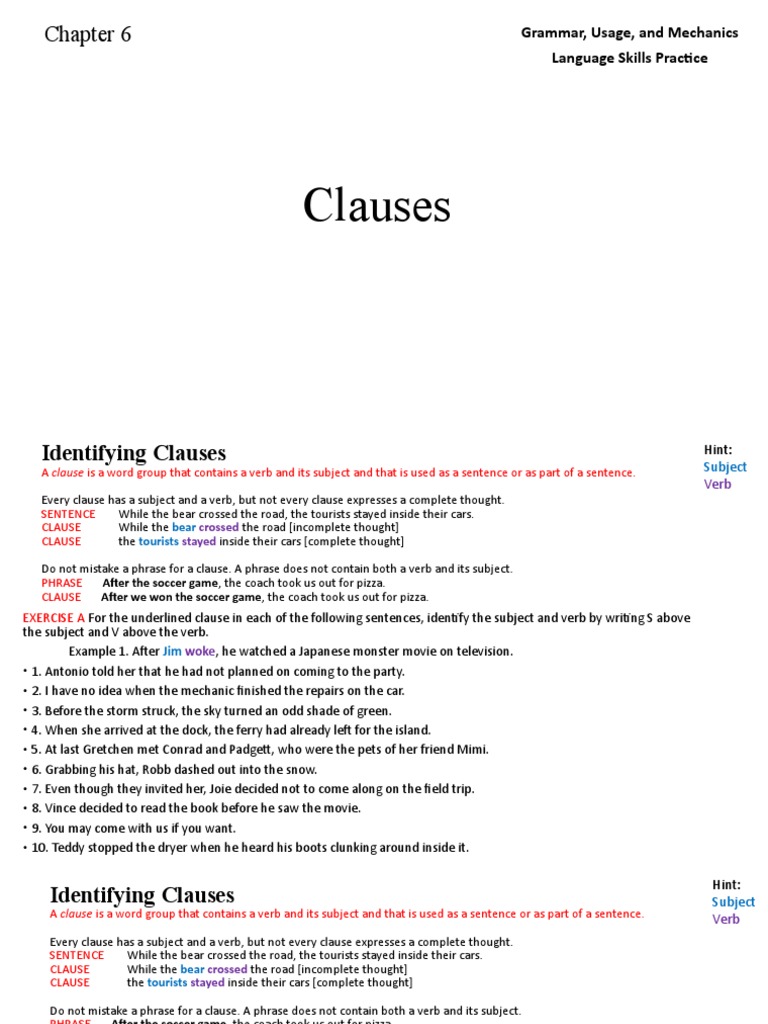 Clauses: Grammar, Usage, and Mechanics Language Skills Practice | PDF ...