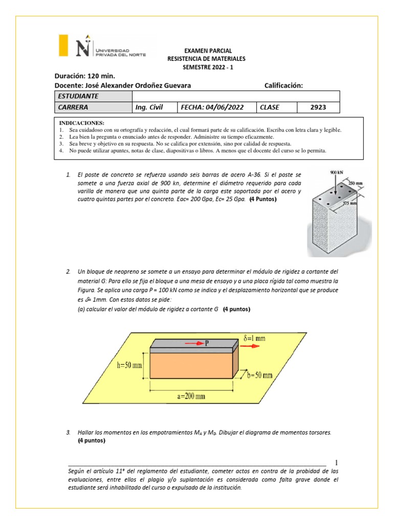 Examen Parcial Resis - 2022 | PDF | Rigidez | Prueba (evaluación)