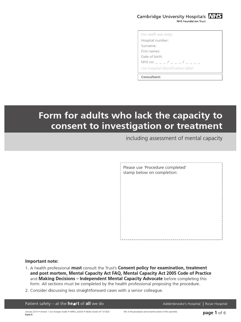 Consent Form 4 - Lack of Capacity | PDF | Patient | National Health Service