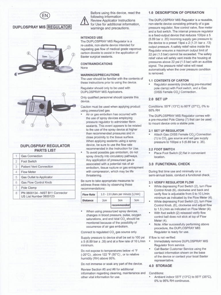 Baxter DuploSpray MIS Regulator Sheet 1 of 2 | PDF | Switch | Flow ...