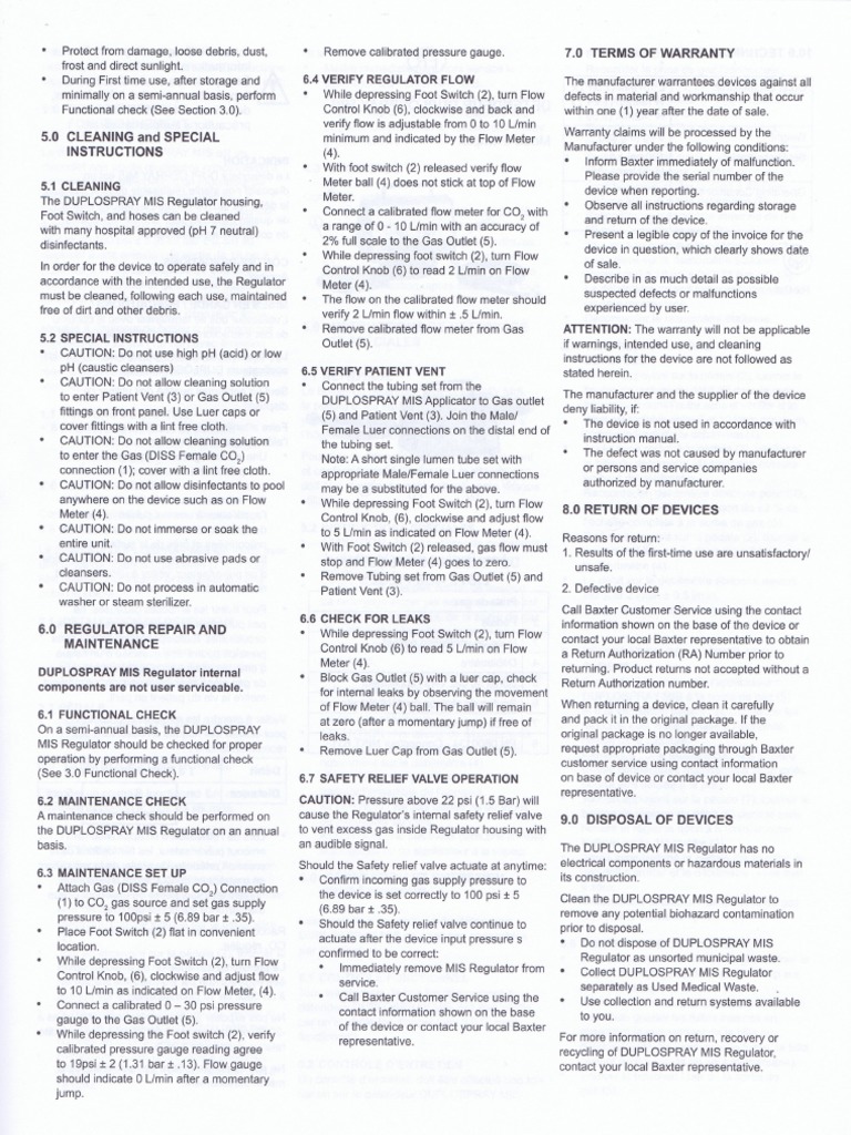 Baxter DuploSpray MIS Regulator Sheet 2 of 2 | PDF