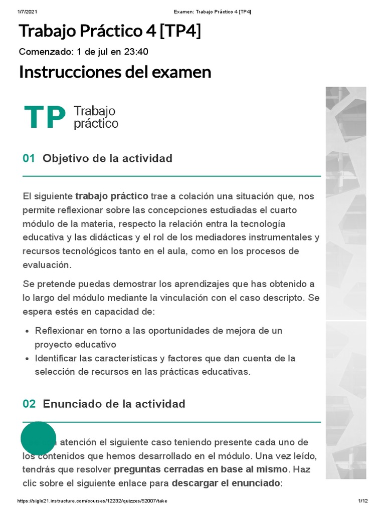 Examen - Trabajo Prctico 4 (TP4) 75% | PDF | Prueba (evaluación) | Maestros