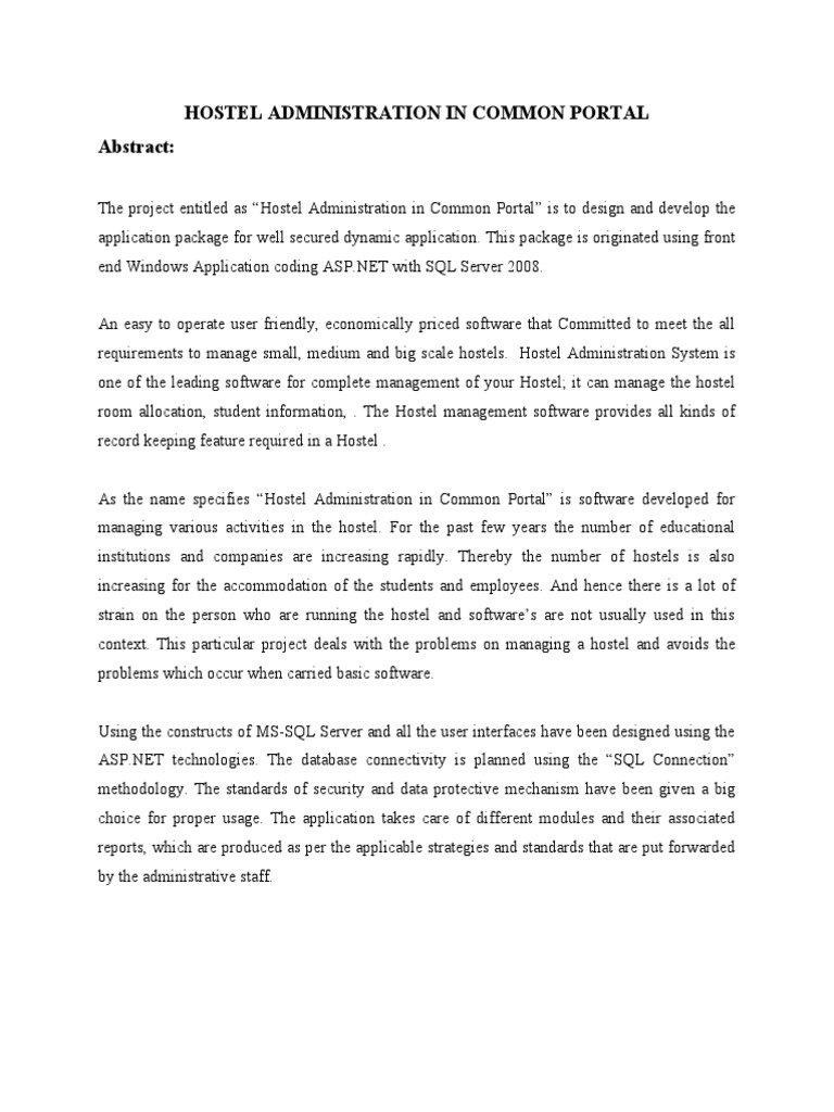 Hostel Administration in Common Portal Abstract | PDF | Microsoft Sql ...