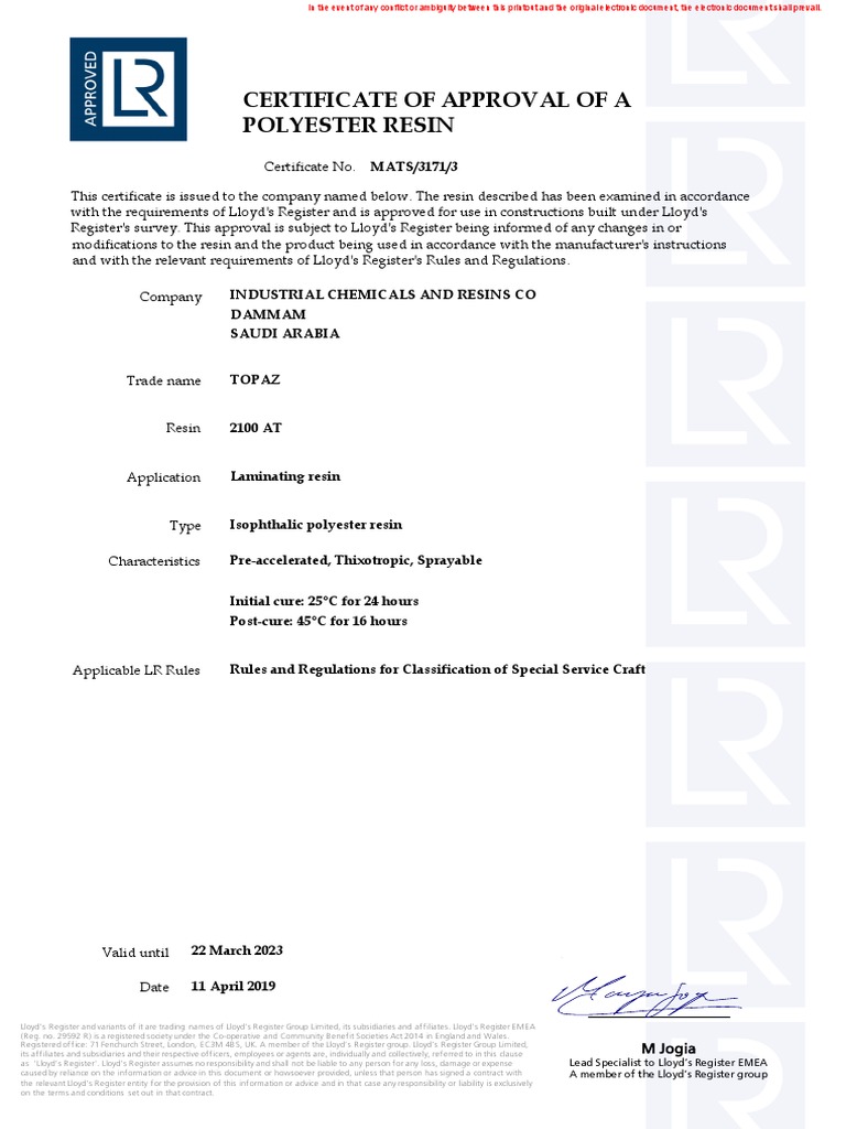 Certificate of Approval of A Polyester Resin: M Jogia | PDF