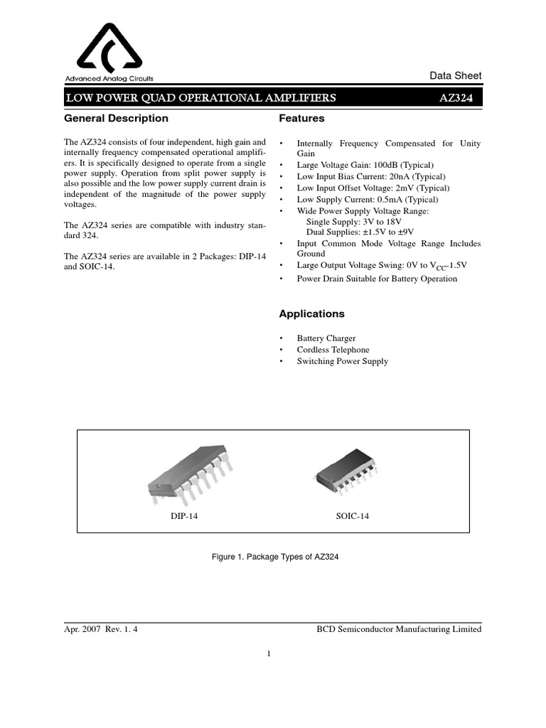 Low Power Quad Operational Amplifiers Az324 | PDF | Operational ...