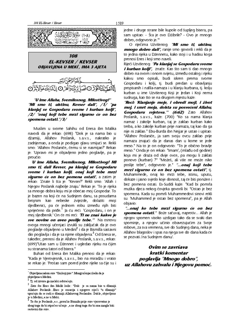 Tefsir Ibn Kesir - El-Kevser (Kevser) | PDF