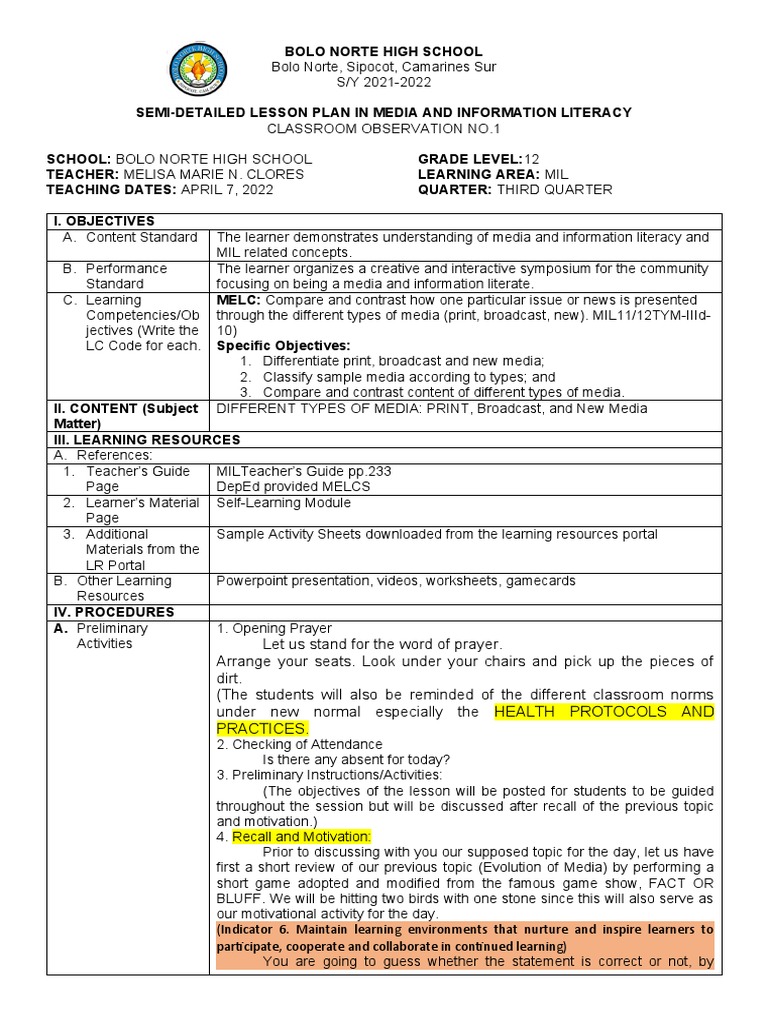 2022 Cot Lesson Plan | PDF | Mass Media | Multimedia