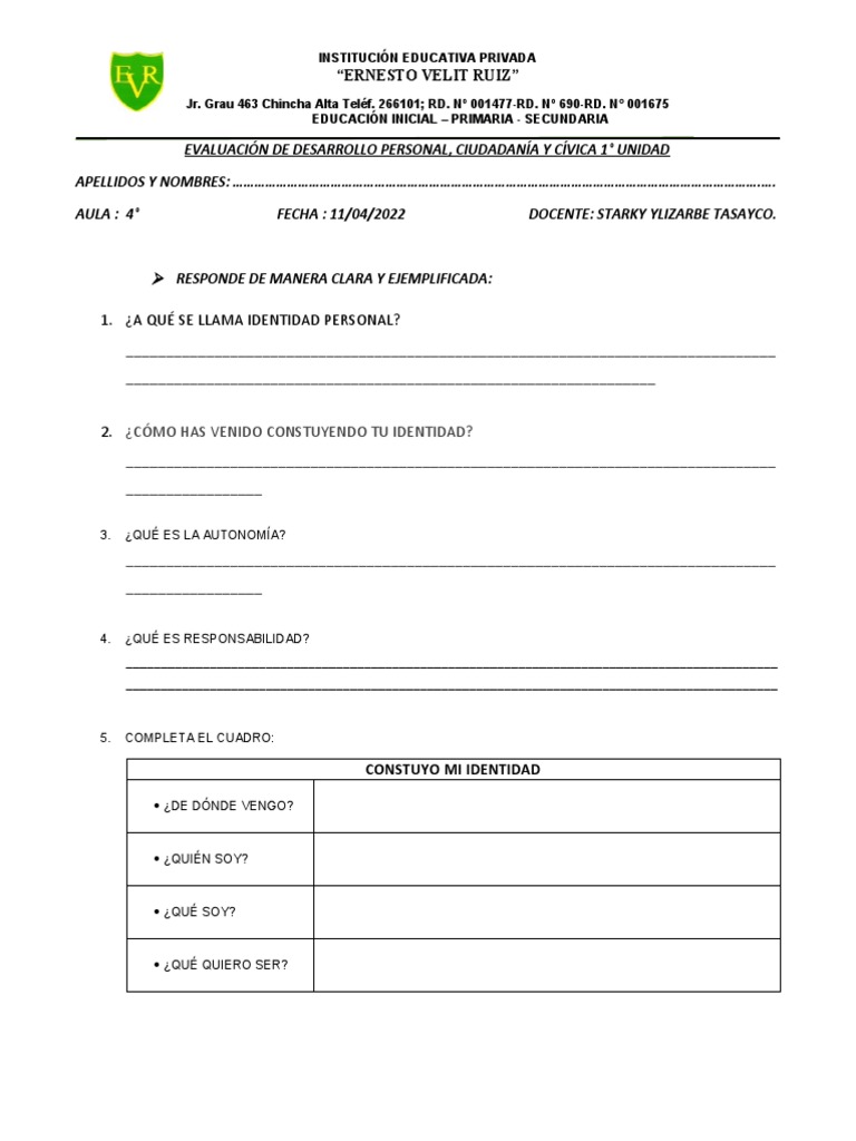 Prueba DPCC 4° | PDF | Relaciones personales, crianza y desarrollo personal