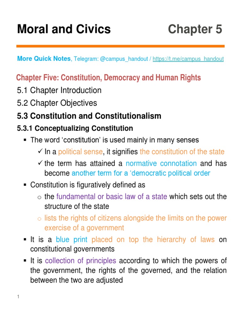 Moral and Civics: Chapter Five: Constitution, Democracy and Human Rights | PDF | Constitution ...