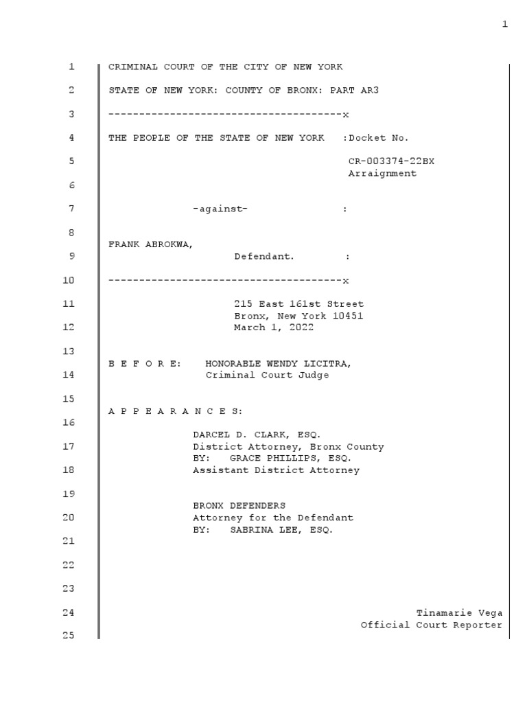 ARRAIGNMENT TRANSCRIPT - CR-003374-BX - Frank Abrokwa - March 1, 2022 | PDF