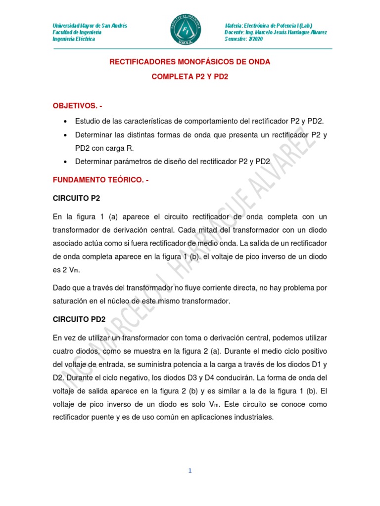 Rectificadores Monofásicos de Onda Complete P2 y PD2 | PDF | Rectificador | Diodo