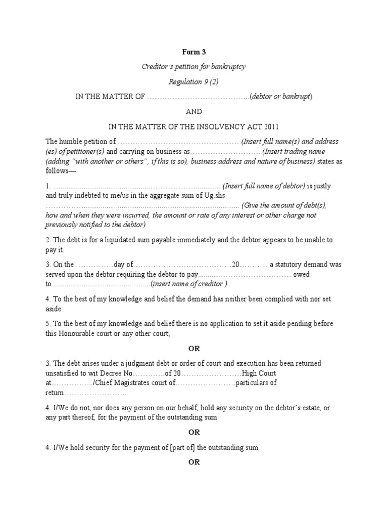 Creditor's Petition For Bankruptcy | PDF | Bankruptcy | Debtor