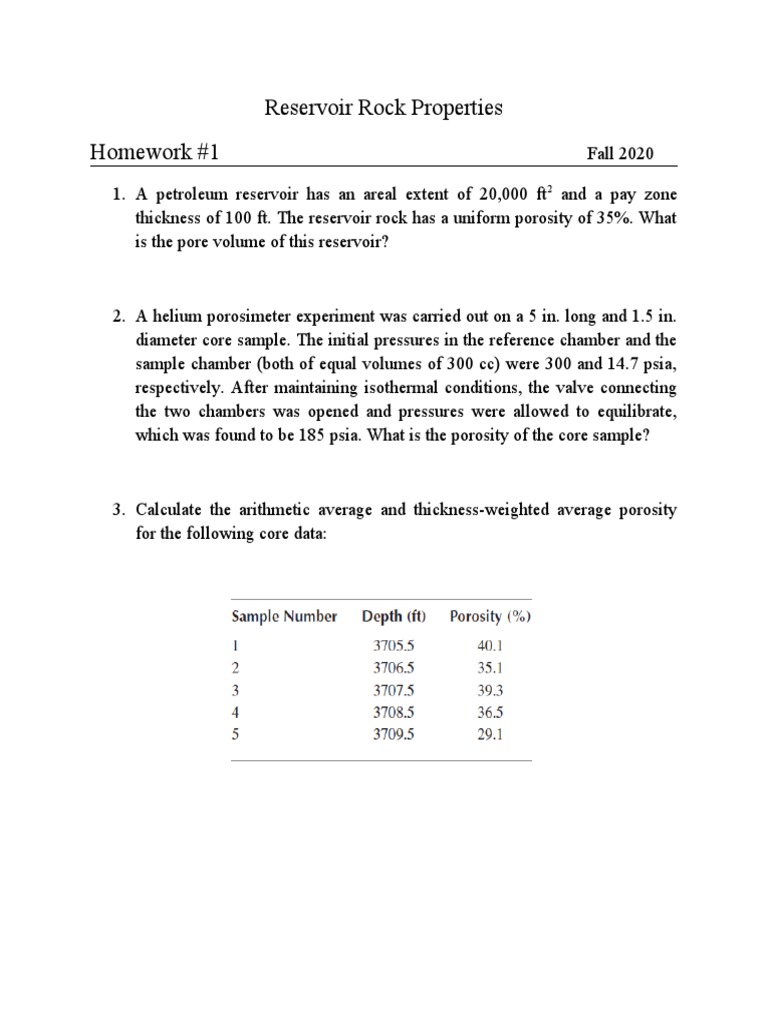 Reservoir Rock Properties Homework #1 | PDF