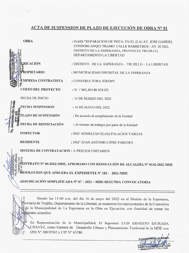 Acta de Suspensión de Plazo de Ejecución de Obra | PDF